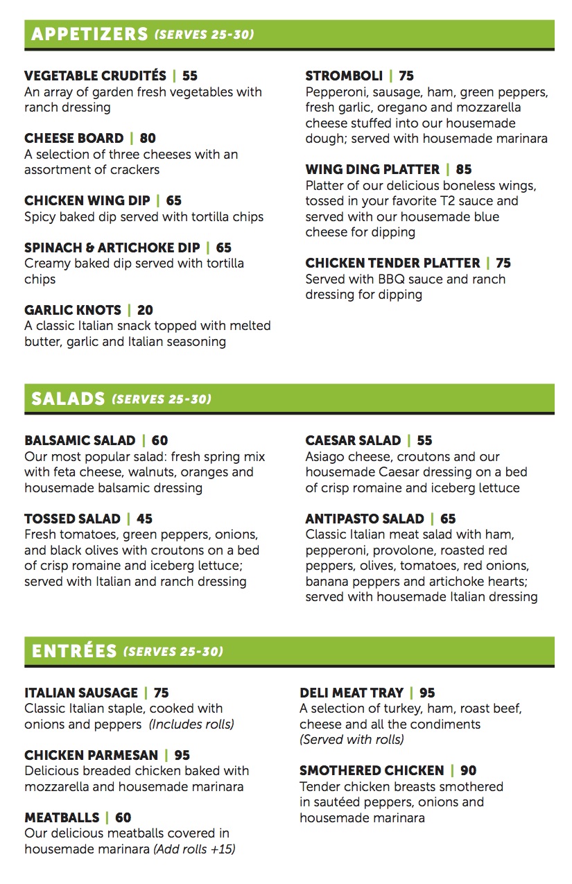 CATERING AND PARTY MENU FOR TRAPPERS II | Trappers II Pizza & Pub